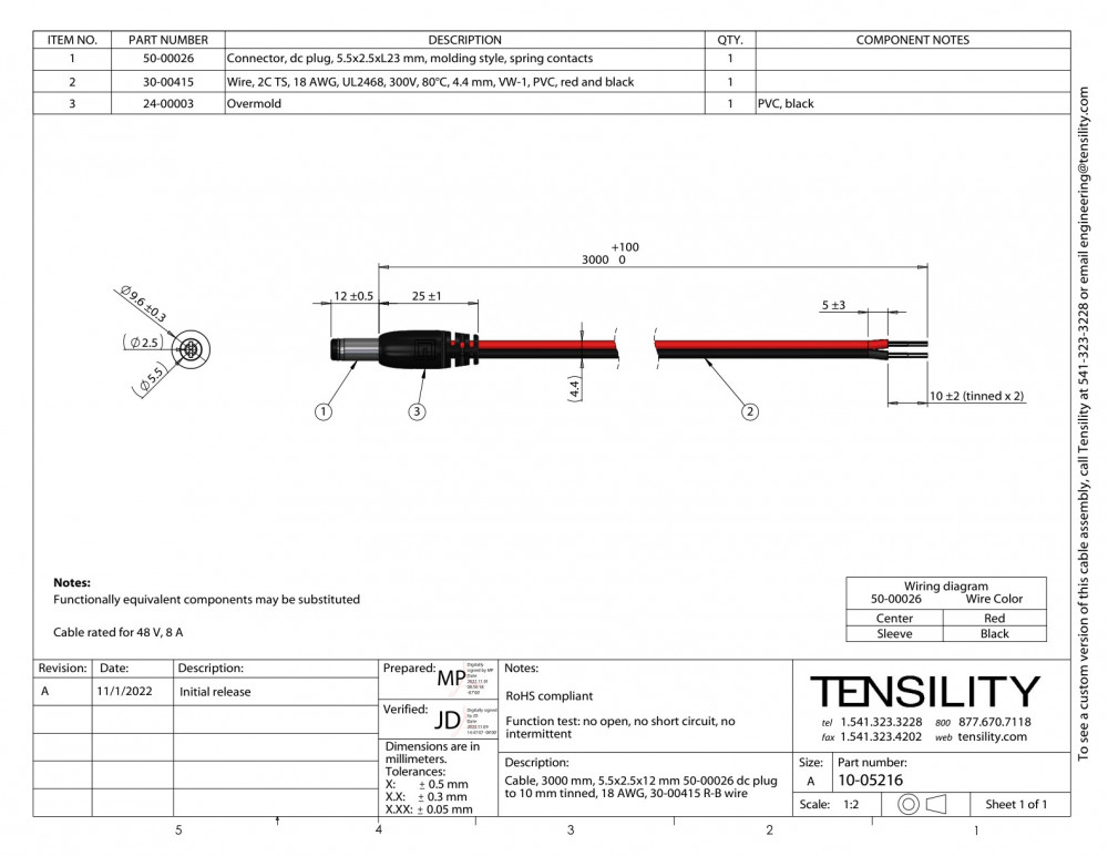 Tensility 10-05216 assembly drawing and wiring information