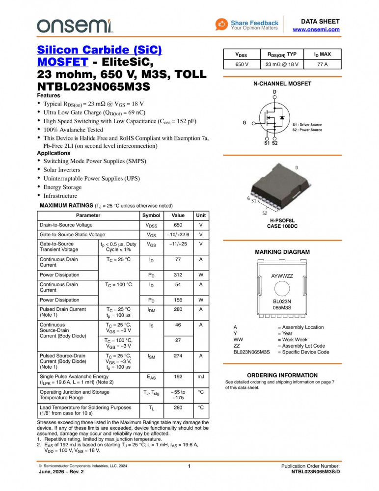 NTBL023N065M3S datasheet page 1