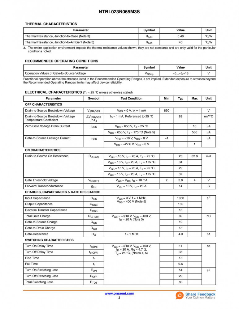 NTBL023N065M3S datasheet page 2
