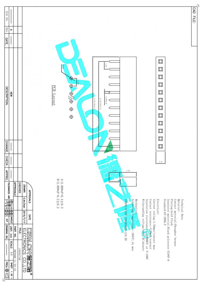 DEALON DW200R connector PCB layout drawing