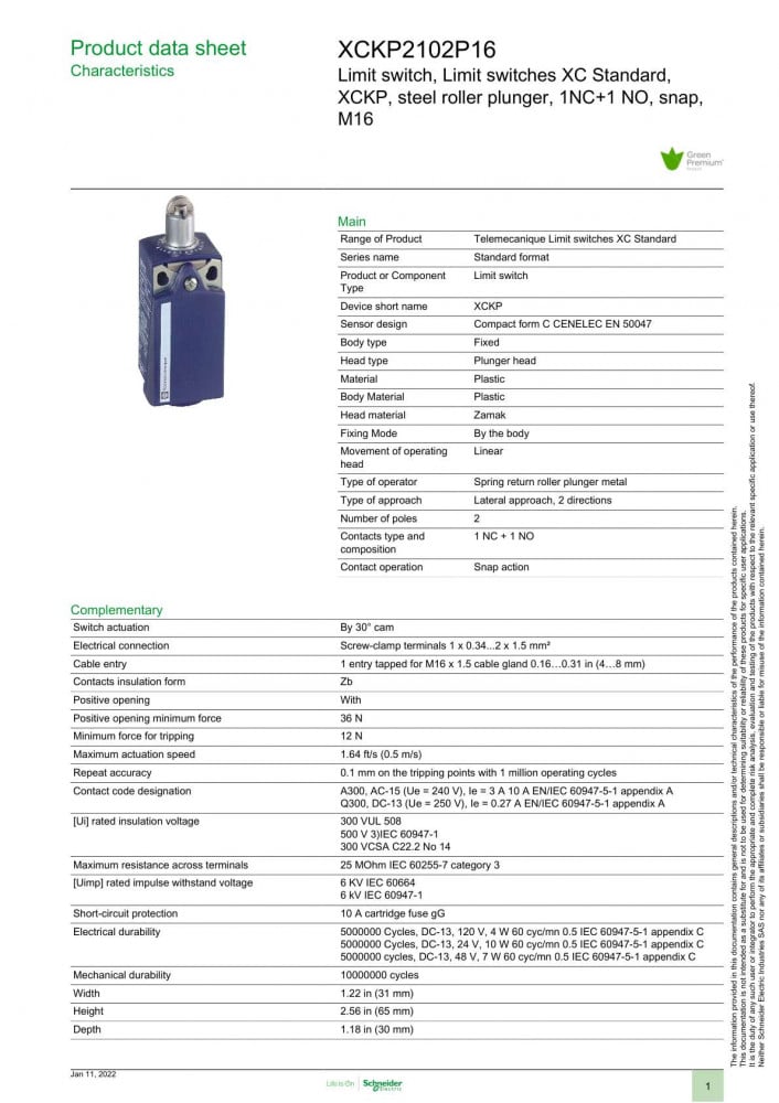 XCKP2102P16 product documentation page 1
