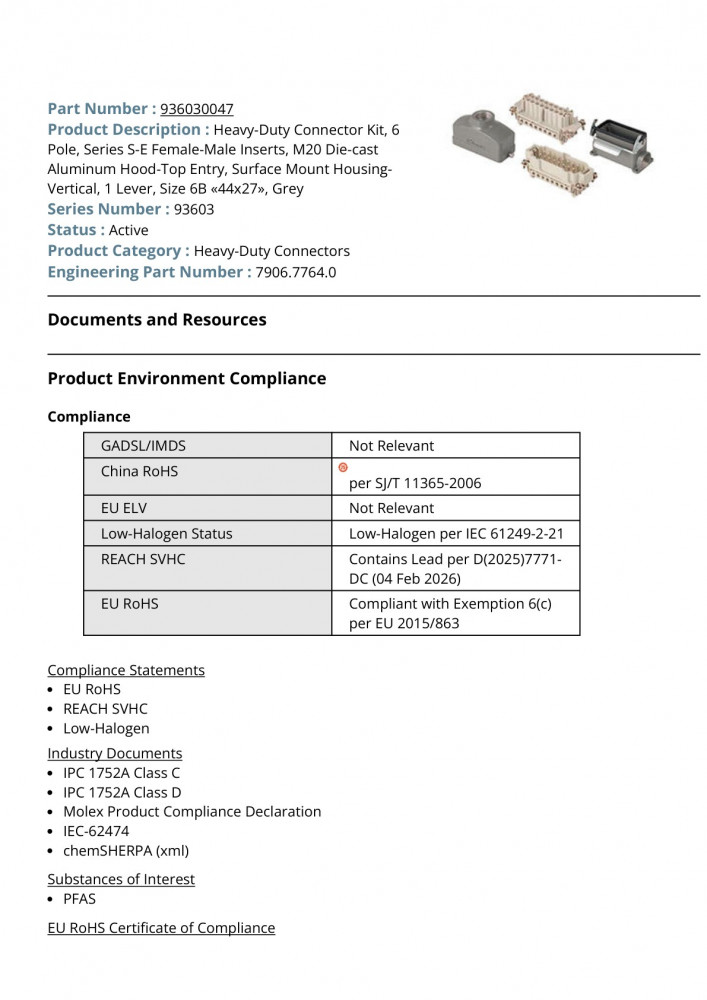 MOLEX 936030047 technical document page 1