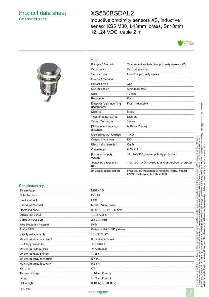 XS530BSDAL2 technical document page 1