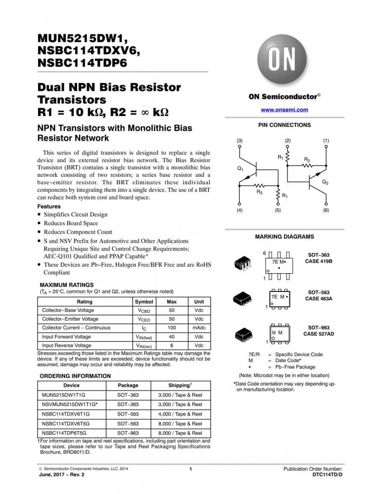 MUN5215DW1T1G datasheet page 1