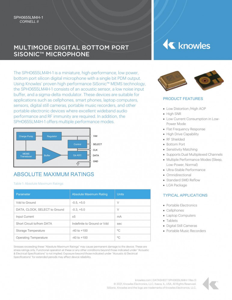 SPH0655LM4H-1-8 datasheet page 1