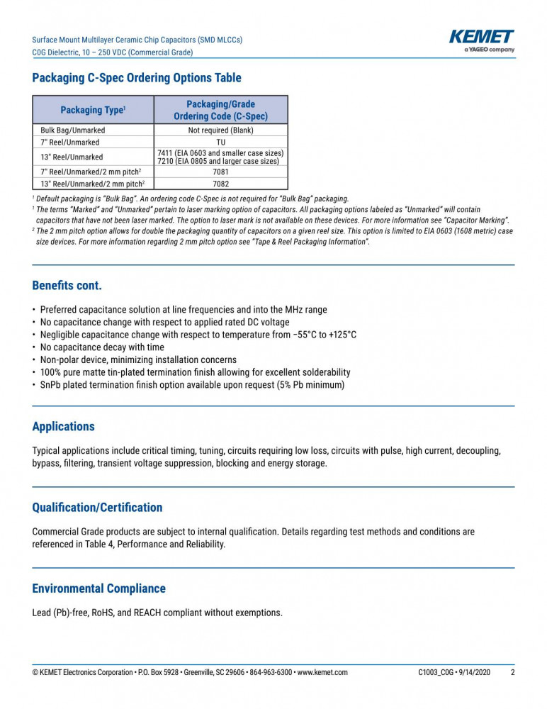 KEMET C0G datasheet page 2