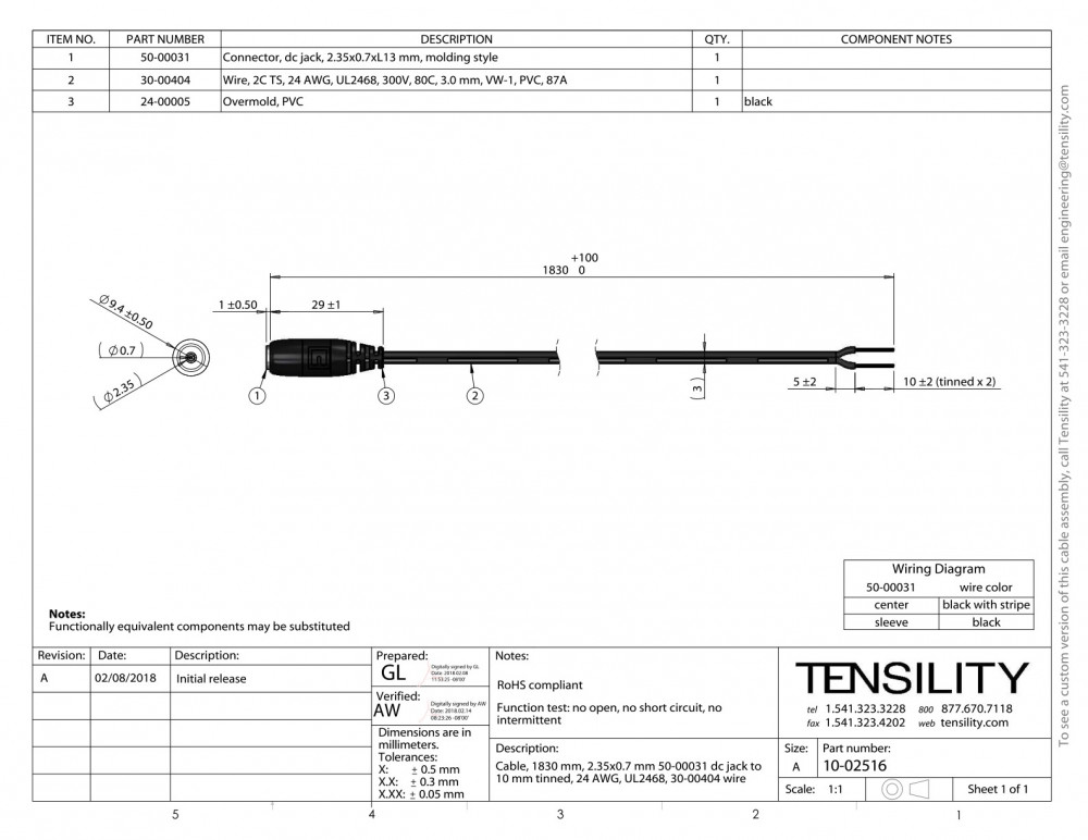 Tensility International 10-02516 cable assembly drawing