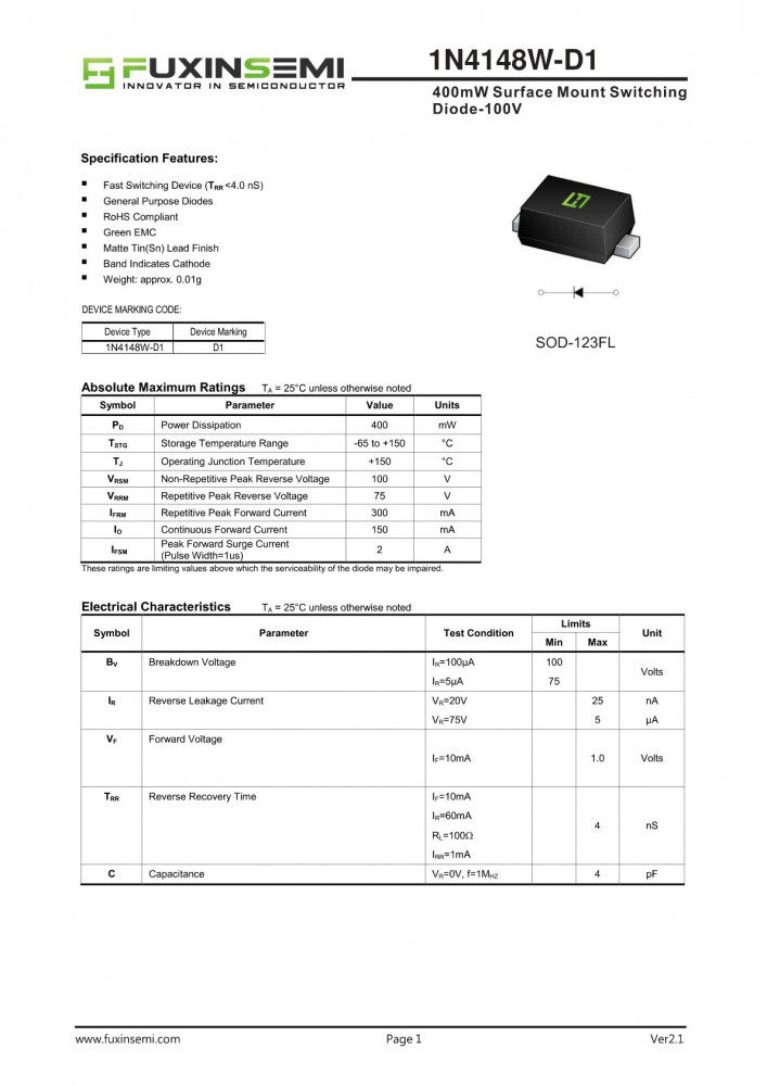 1N4148W-D1 datasheet page 1
