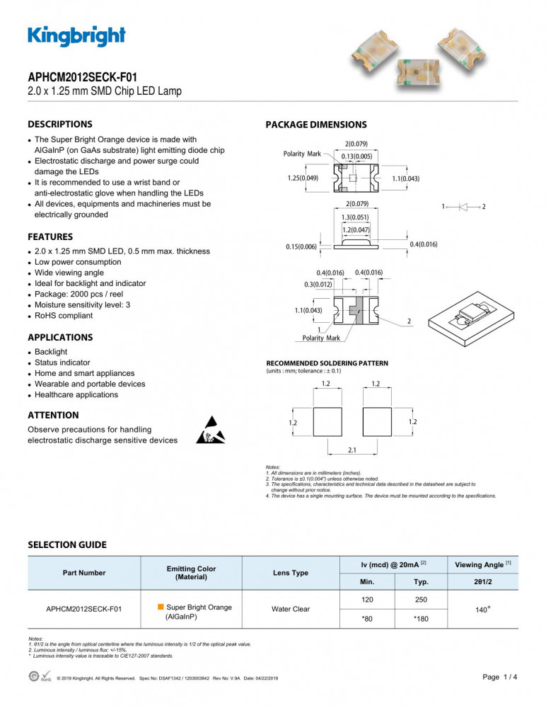 APHCM2012SECK-F01 datasheet page 1