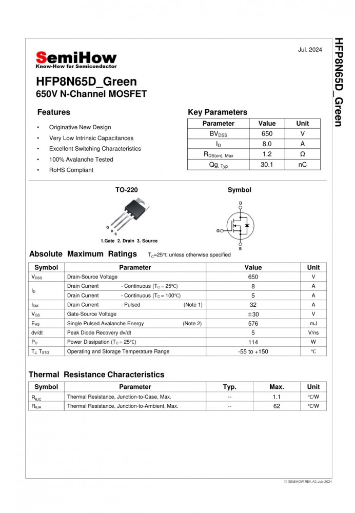 HFP8N65D technical document page 1