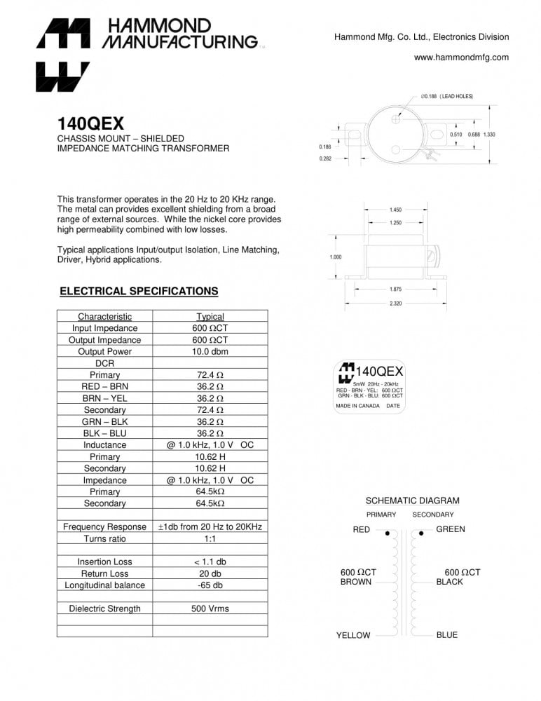 Hammond 140QEX technical document page 1