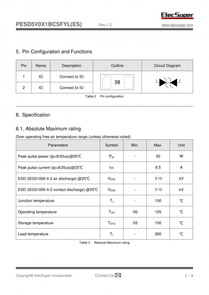 PESD5V0X1BCSFYL(ES) datasheet page 2