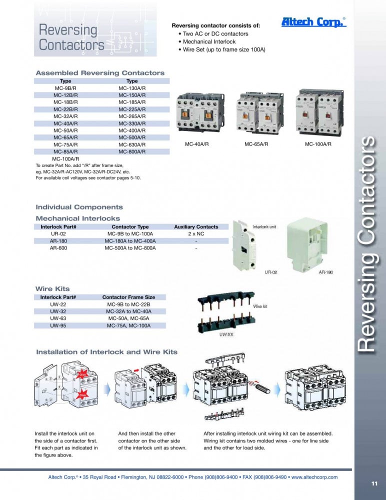 Altech reversing contactor wire kit and installation reference page
