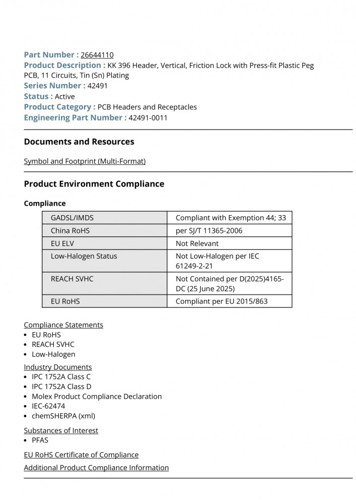 MOLEX 26644110 product document image, page 1