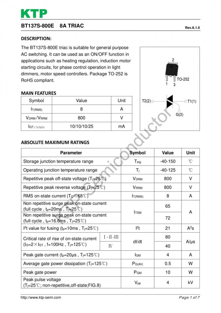 BT137S-800E(KTP) datasheet page 1