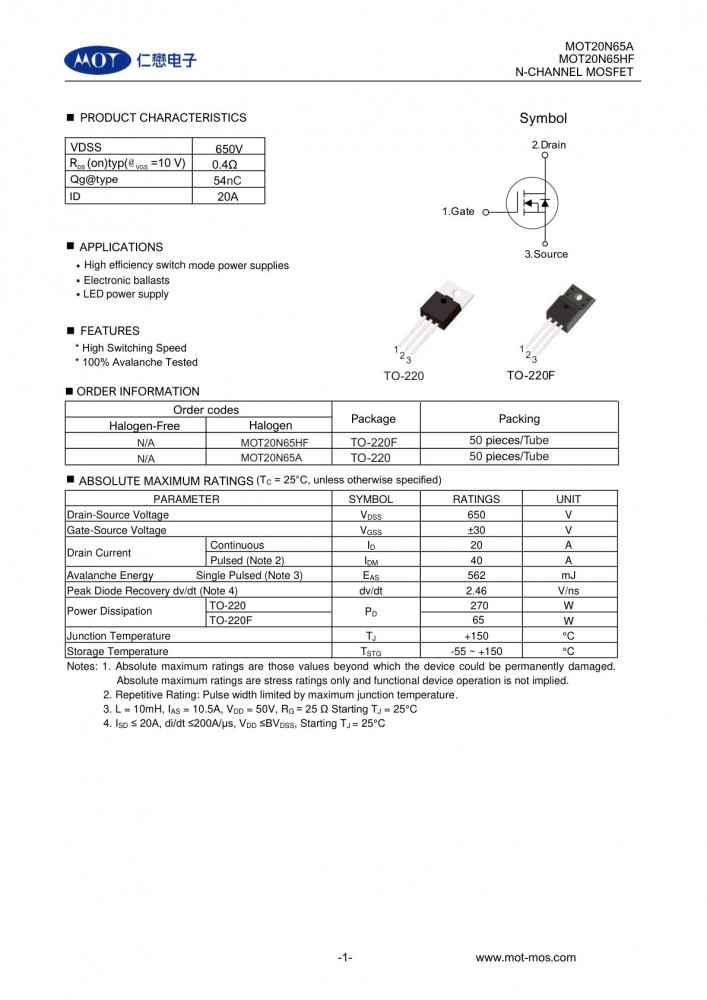 MOT20N65HF datasheet page 1