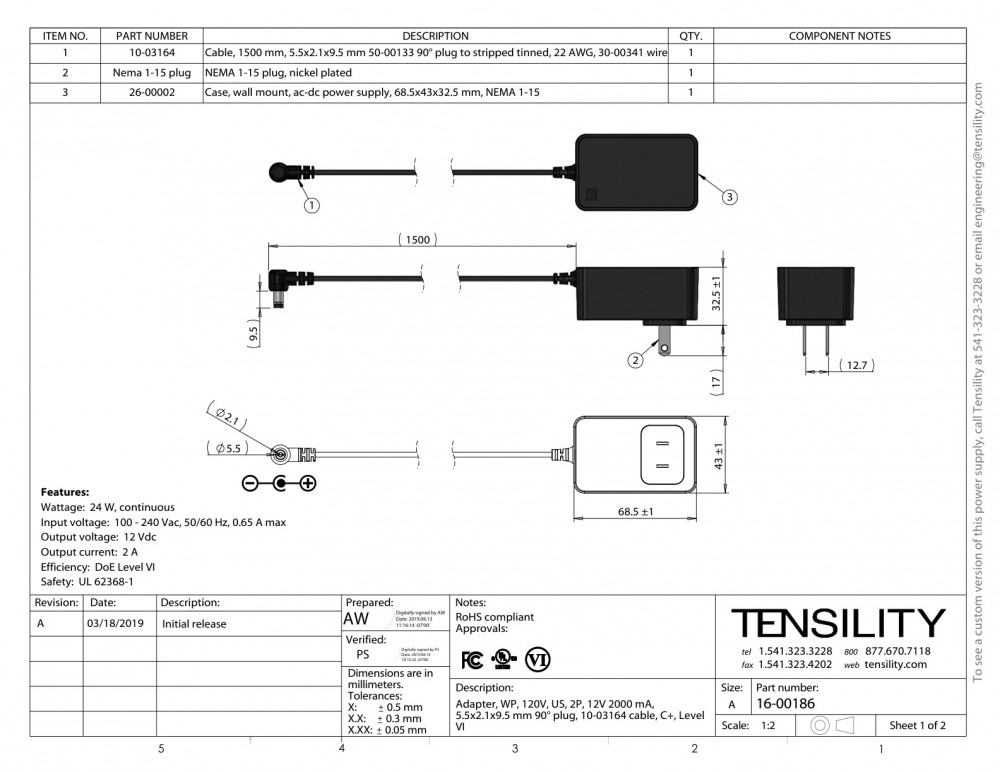 Tensility 16-00186 product drawing, page 1