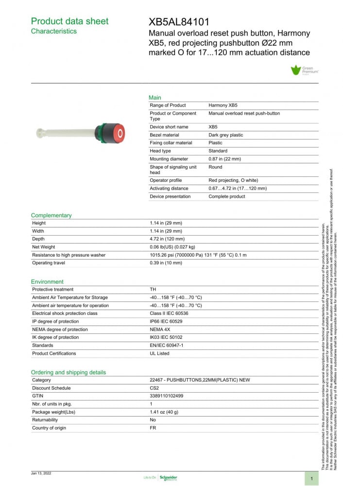 XB5AL84101 technical document page 1