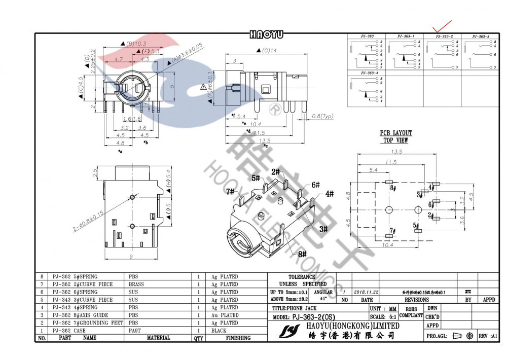 HOOYA PJ-363-2(OS) phone jack drawing
