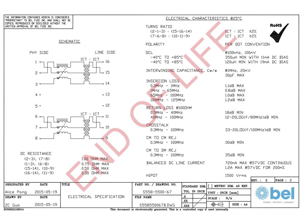 Bel Fuse S558-5500-67 electrical specification drawing