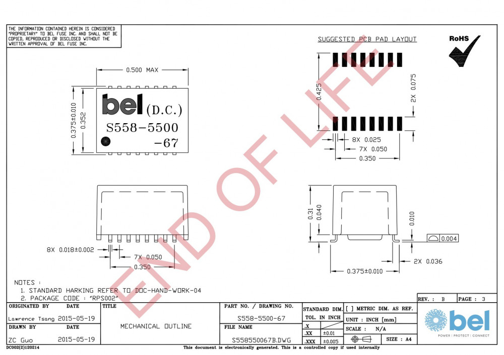 Bel Fuse S558-5500-67 mechanical outline drawing