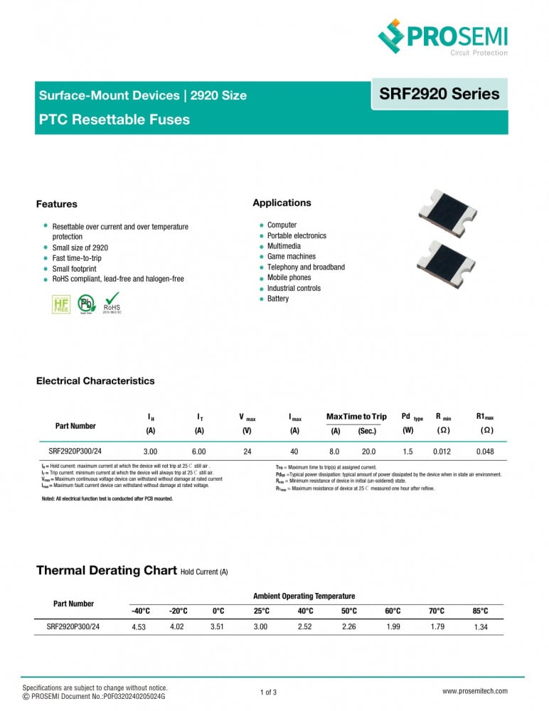SRF2920 series datasheet page 1