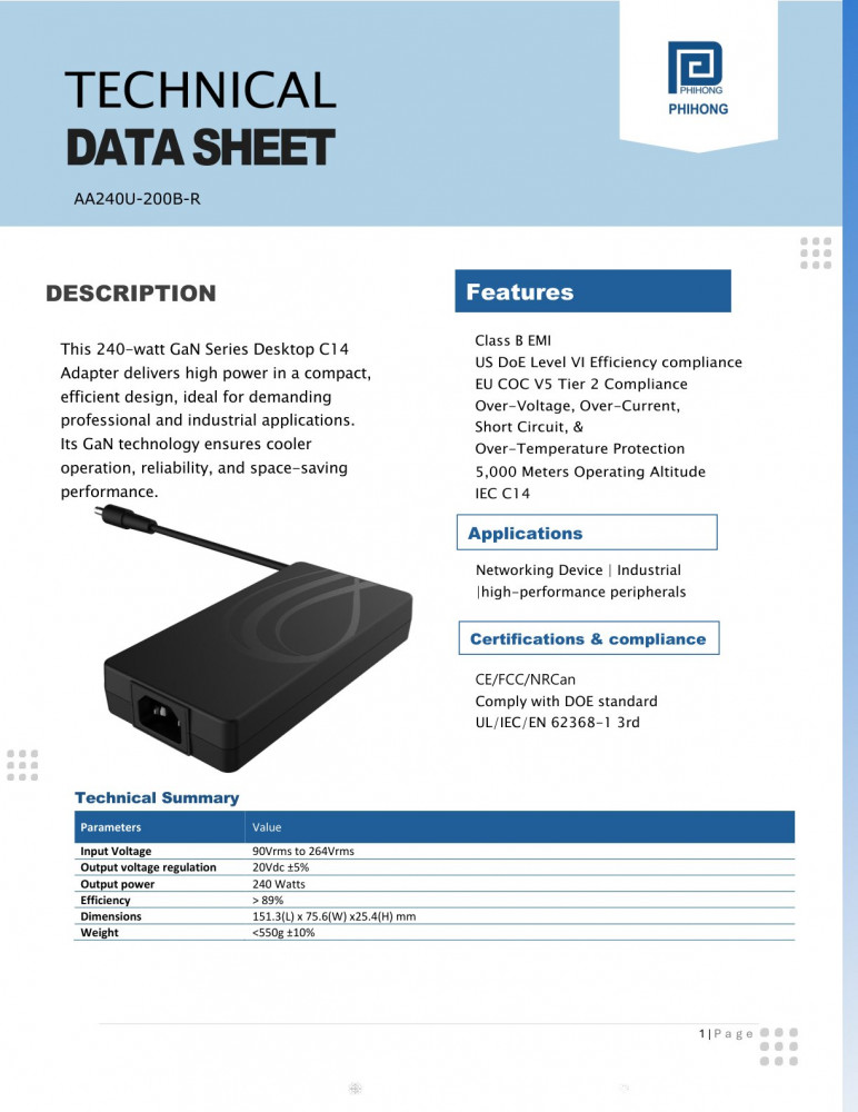 AA240U-200B-R technical document page 1