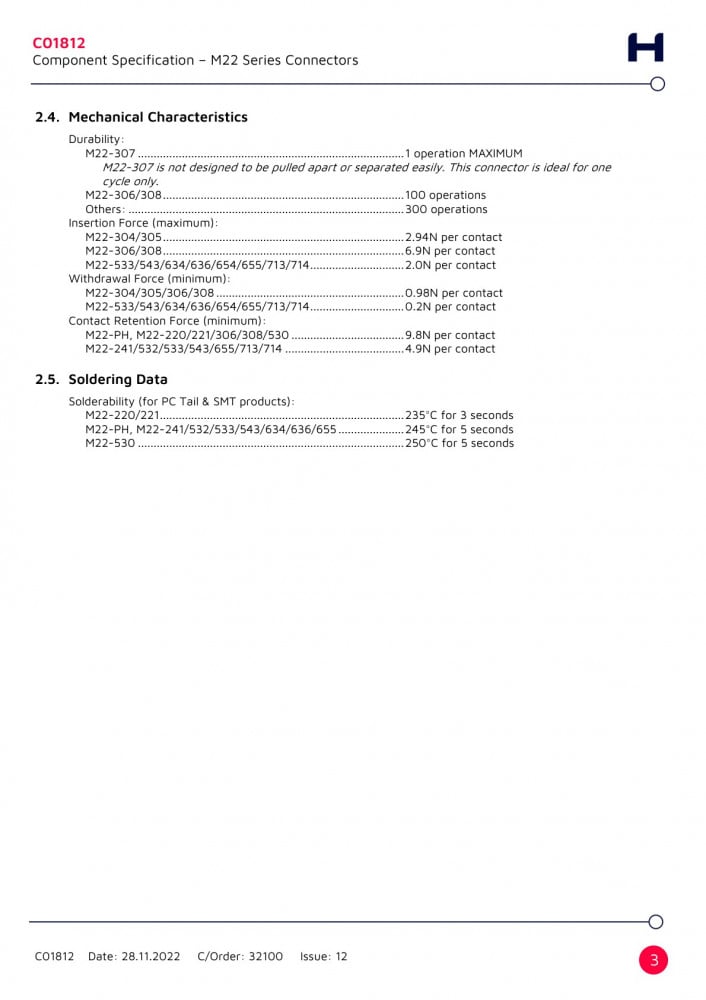 Harwin M22 specification page 3