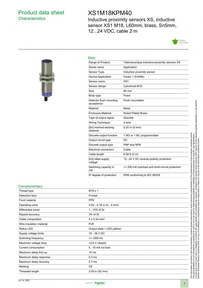 XS1M18KPM40 technical document page 1