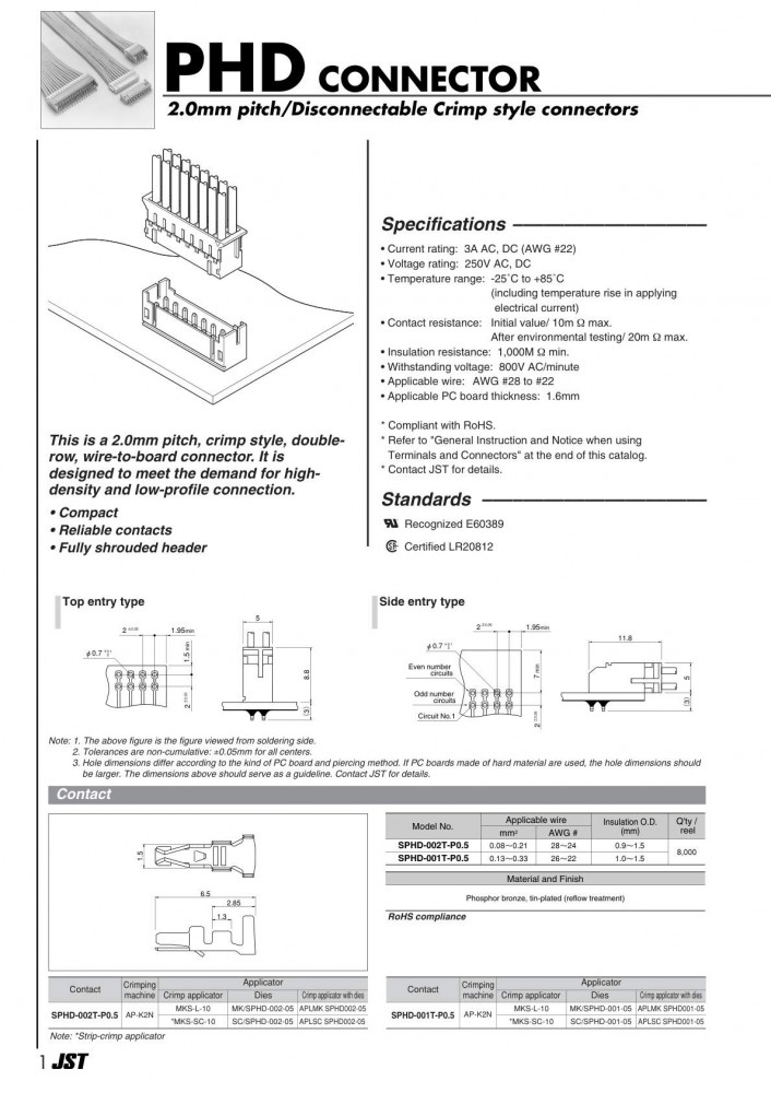 JST SPHD series connector specification page 1