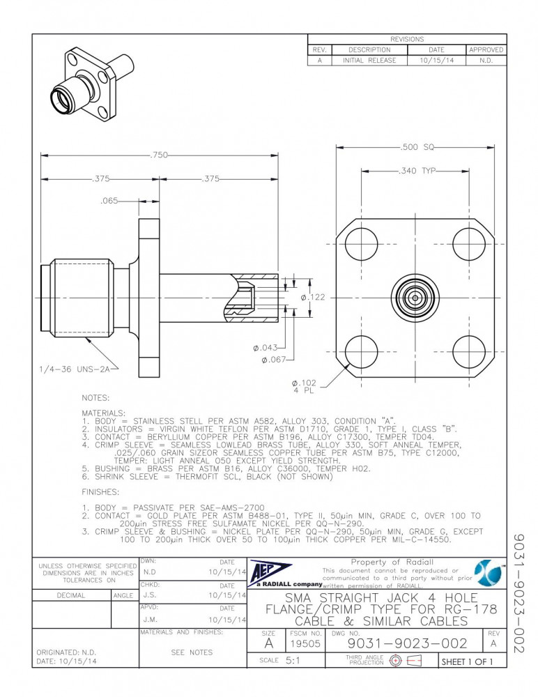 Radiall 9031-9023-002 product drawing page