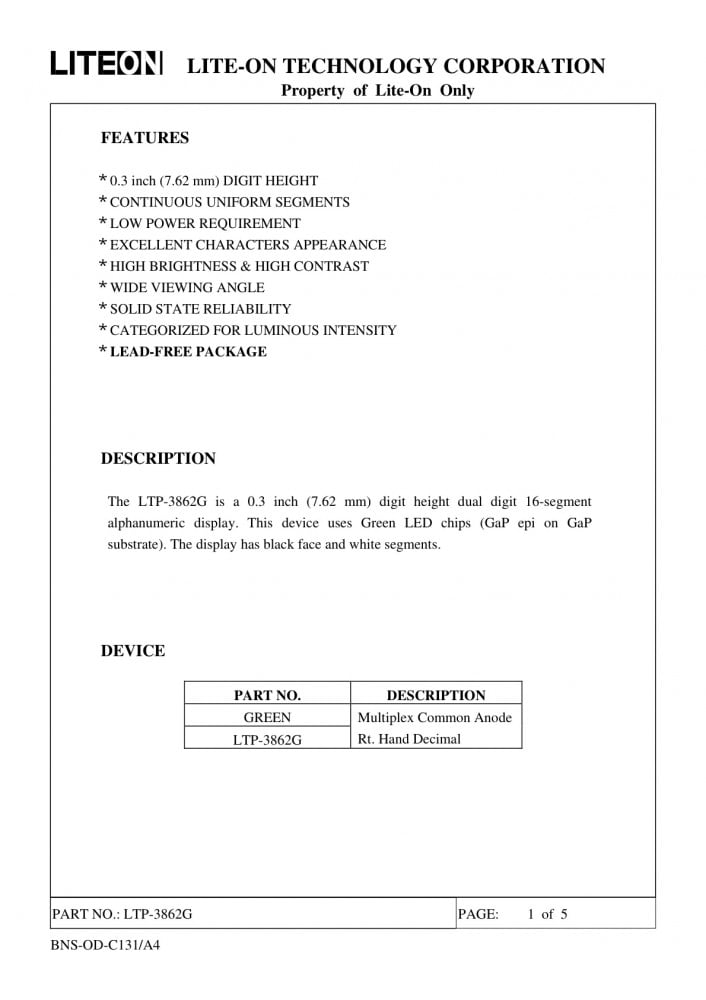 LTP-3862G datasheet page 1