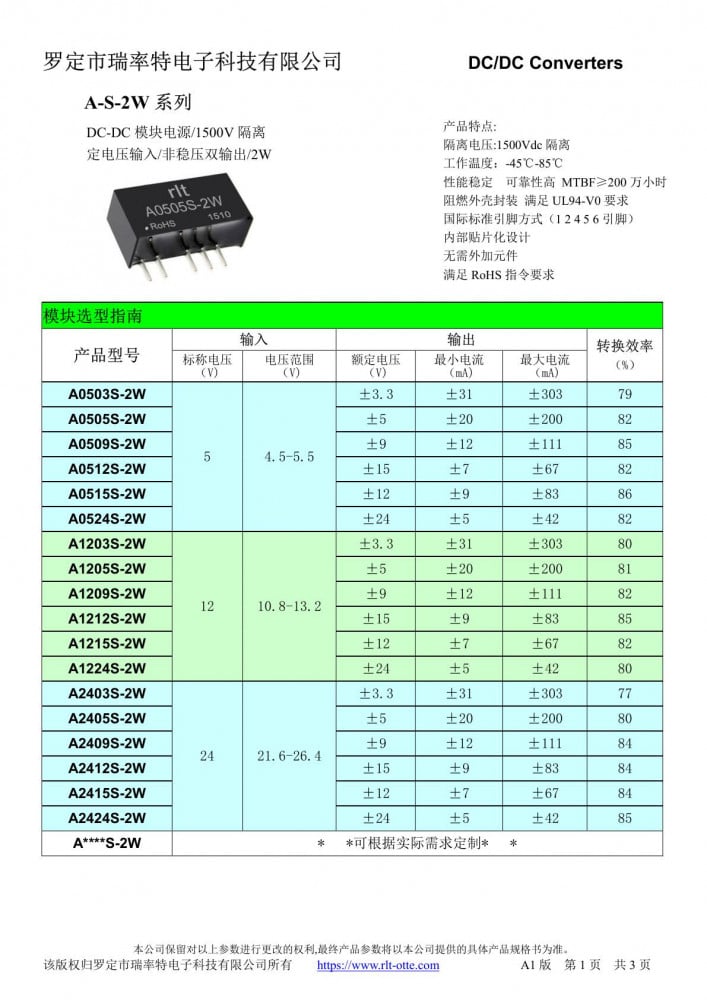 RLT A1209S-2W datasheet page 1