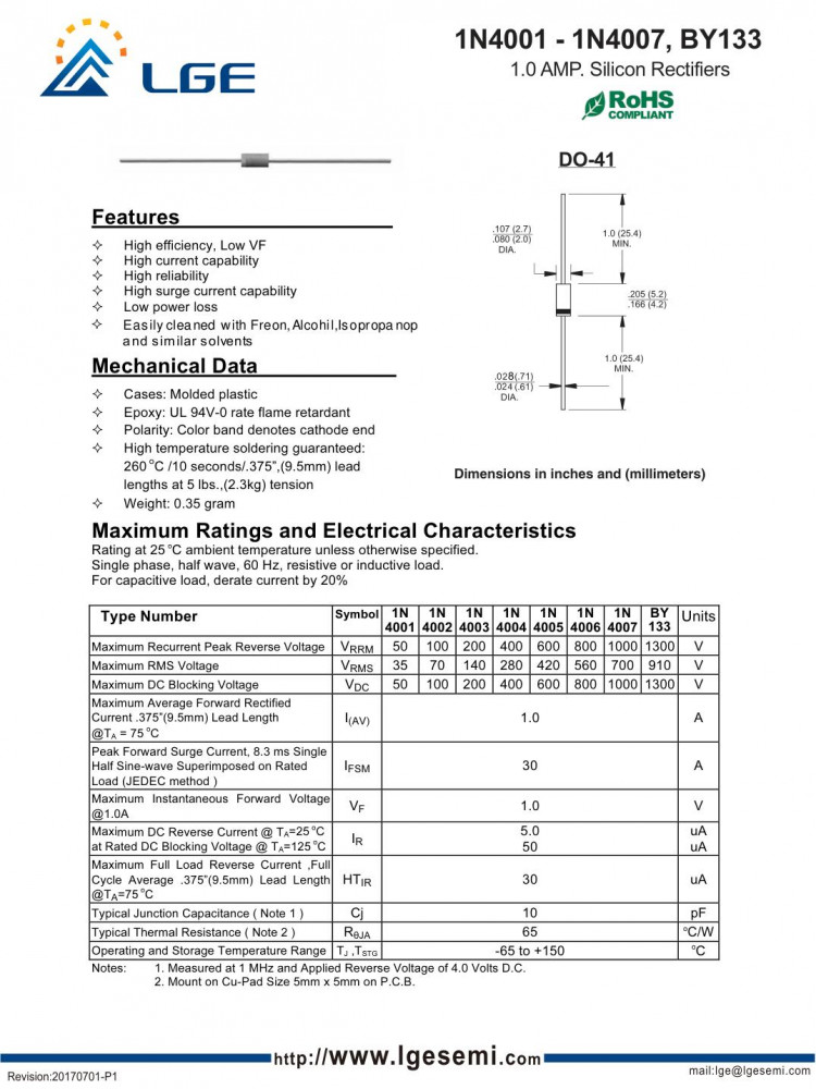 LGE 1N4004 datasheet page 1