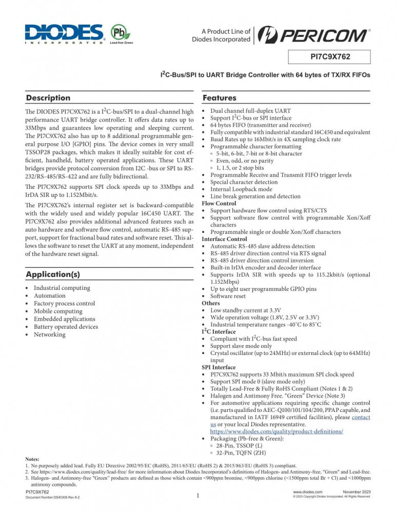 PI7C9X762 datasheet page 1