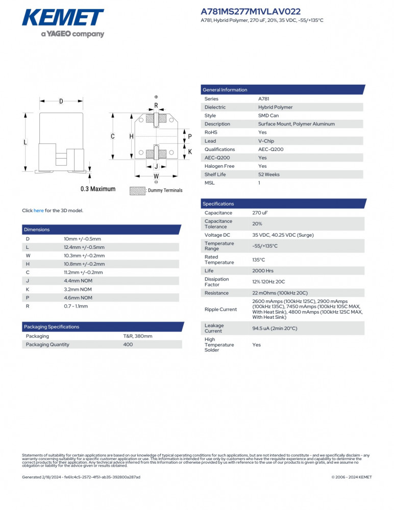 KEMET A781MS277M1VLAV022 technical document page