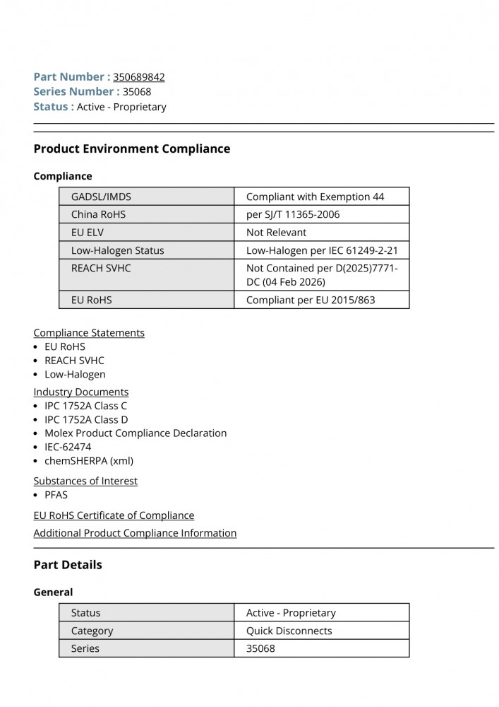 Technical document page 1 for MOLEX 350689842