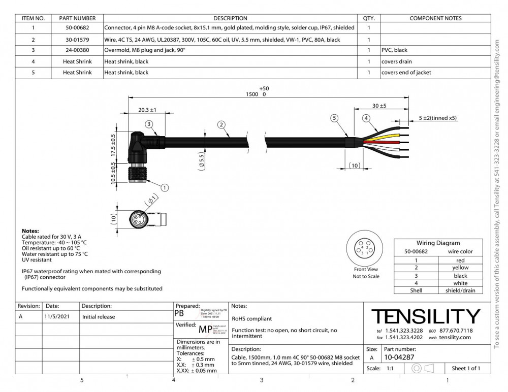 Tensility 10-04287 product drawing and wiring information