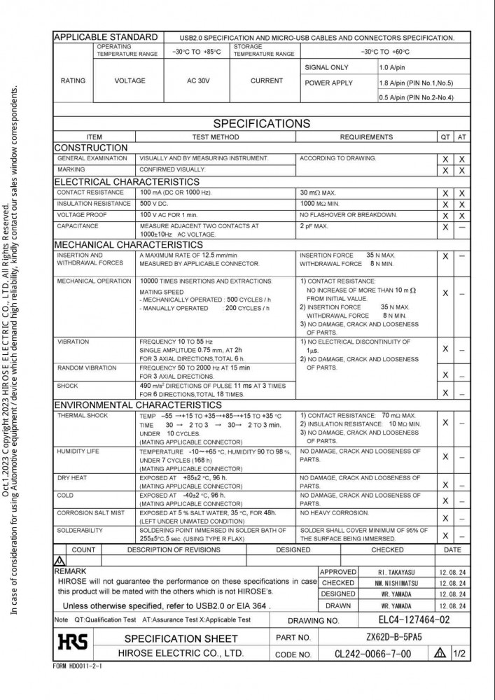 HRS ZX62D-B-5PA5 specification sheet page 1