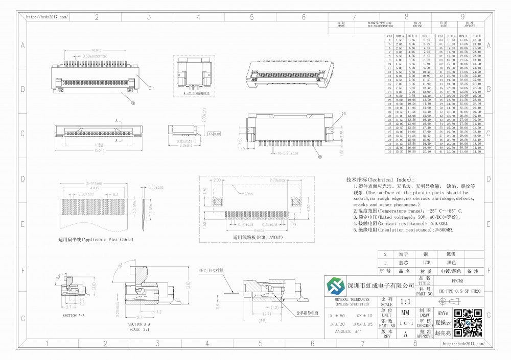HC-FPC-0.5-5P-FH20 technical drawing preview