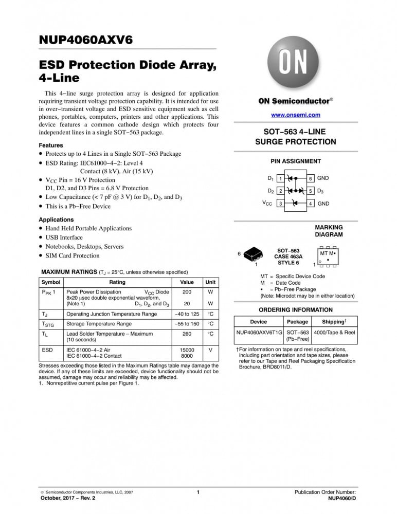 NUP4060AXV6T1G datasheet page 1
