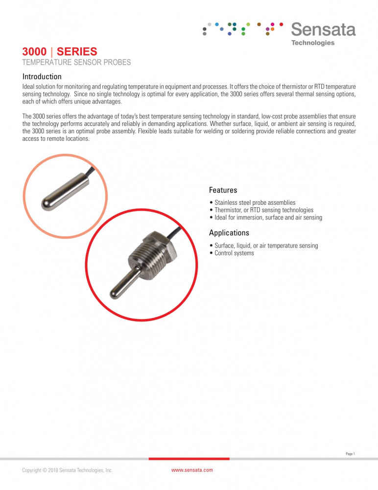 Sensata 3000 Series temperature probe documentation page 1