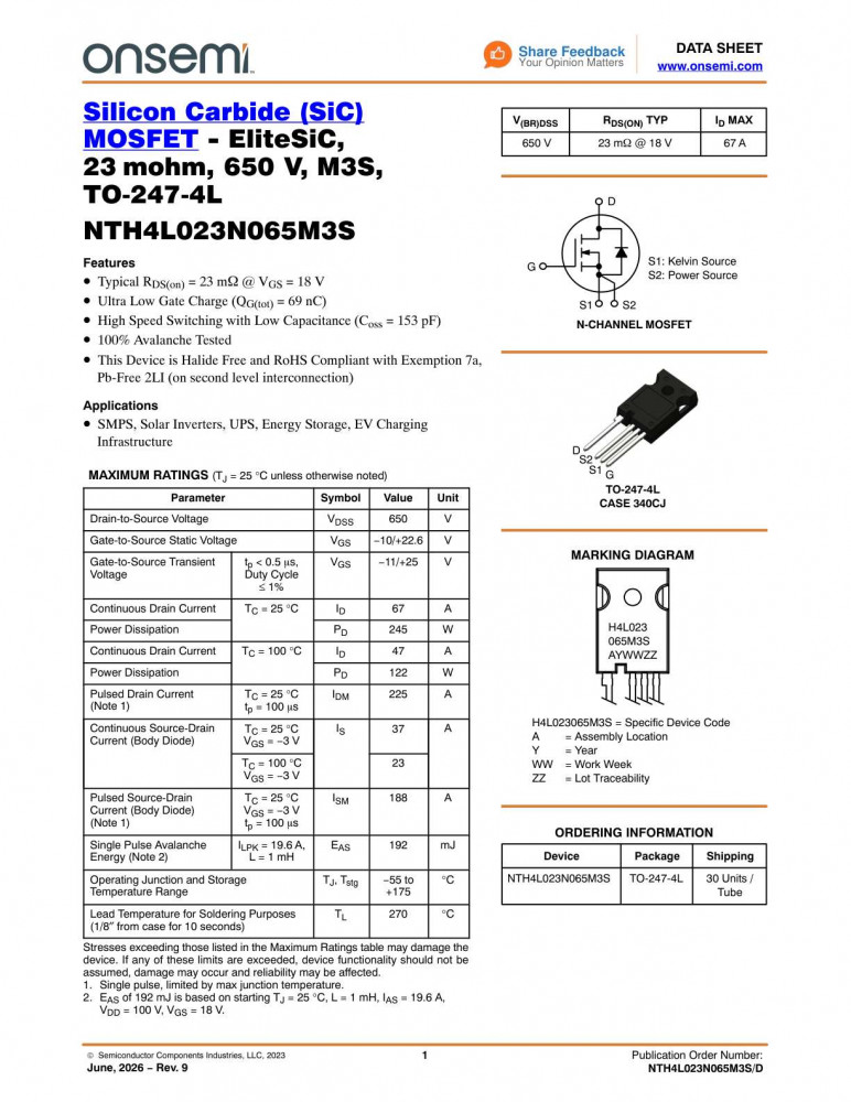 NTH4L023N065M3S datasheet page 1