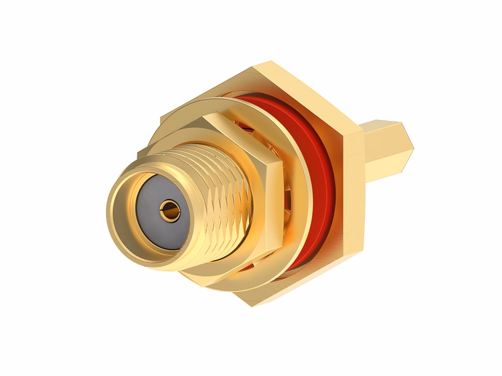SMA Jack, Straight, Bulkhead, Crimp, RG-178, RG-196 Cable, Nut and Lockwasher Included, Brass Body, Gold (Au) Plated, One Piece Per Bag, 50 Ohms for sale