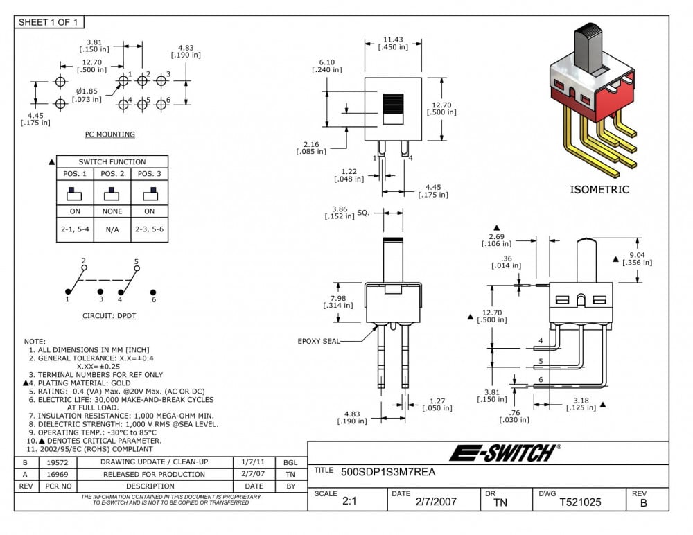 E-Switch 500SDP1S3M7REA technical drawing