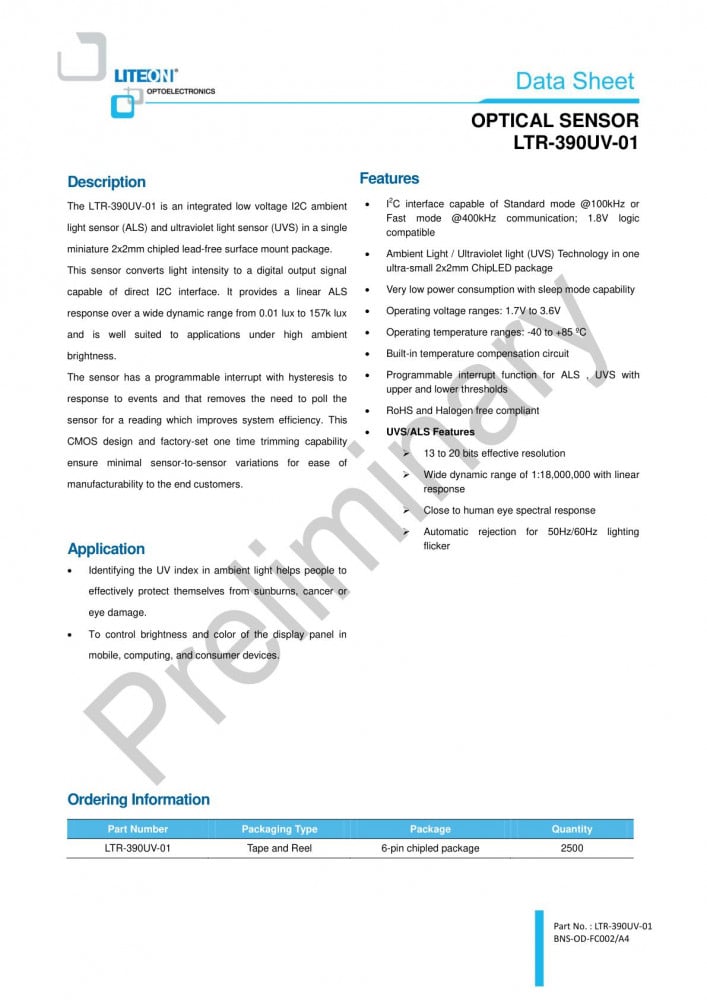 LTR-390UV-01 datasheet page 1