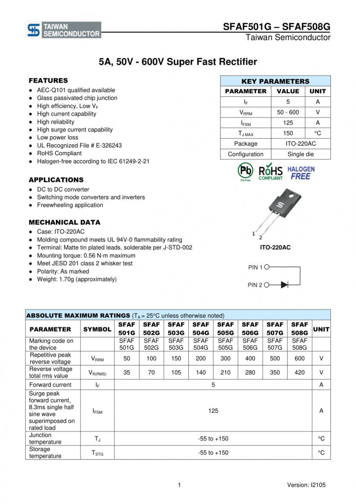 SFAF505G datasheet page 1