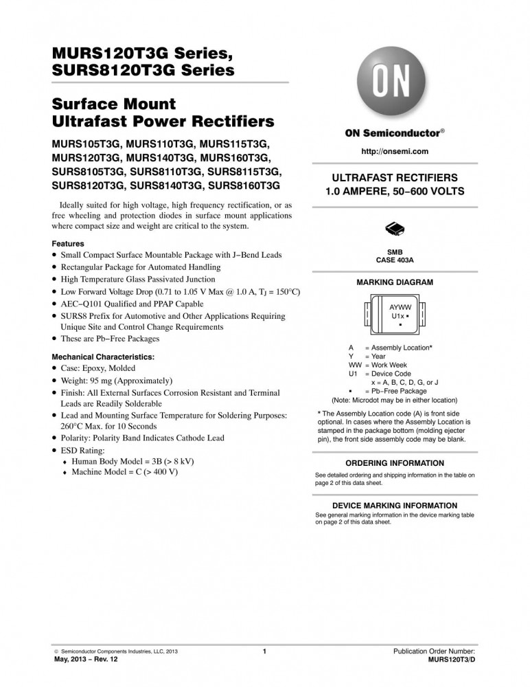 MURS140T3G datasheet page 1