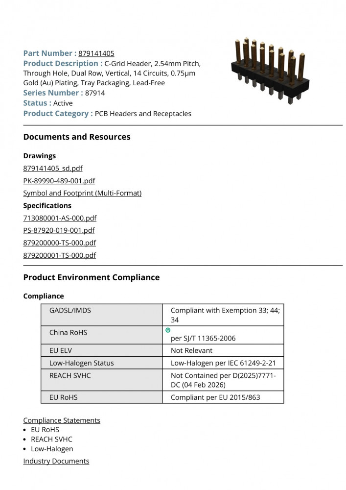 Technical document page 1 for MOLEX 879141405