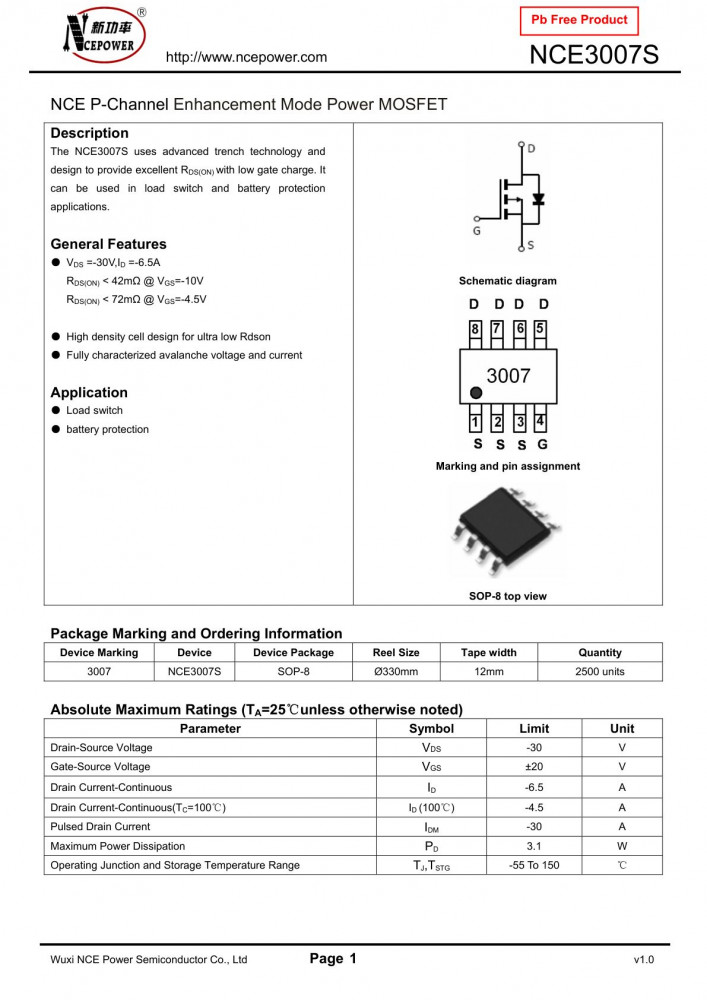 NCE3007S datasheet page 1